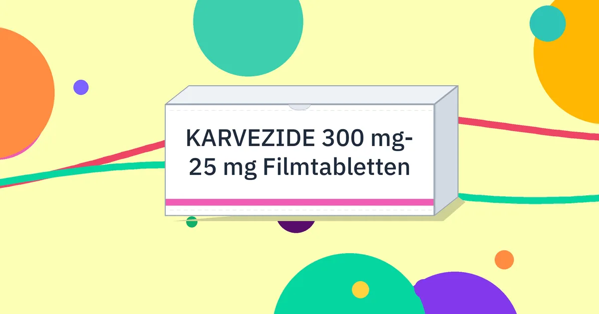 Symbolbild: Packung mit der Aufschrift KARVEZIDE 300 mg-25 mg Filmtabletten (PZN 04208105) – Verfügbarkeit und Bezug in Apotheken in Frankfurt am Main