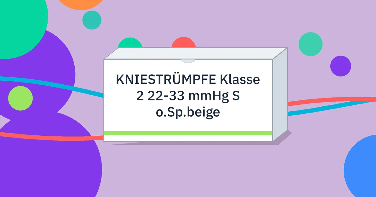 Symbolbild: Packung mit der Aufschrift KNIESTRÜMPFE Klasse 2 22-33 mmHg S o.Sp.beige (PZN 19072522) – Verfügbarkeit und Bezug in Apotheken in Frankfurt am Main
