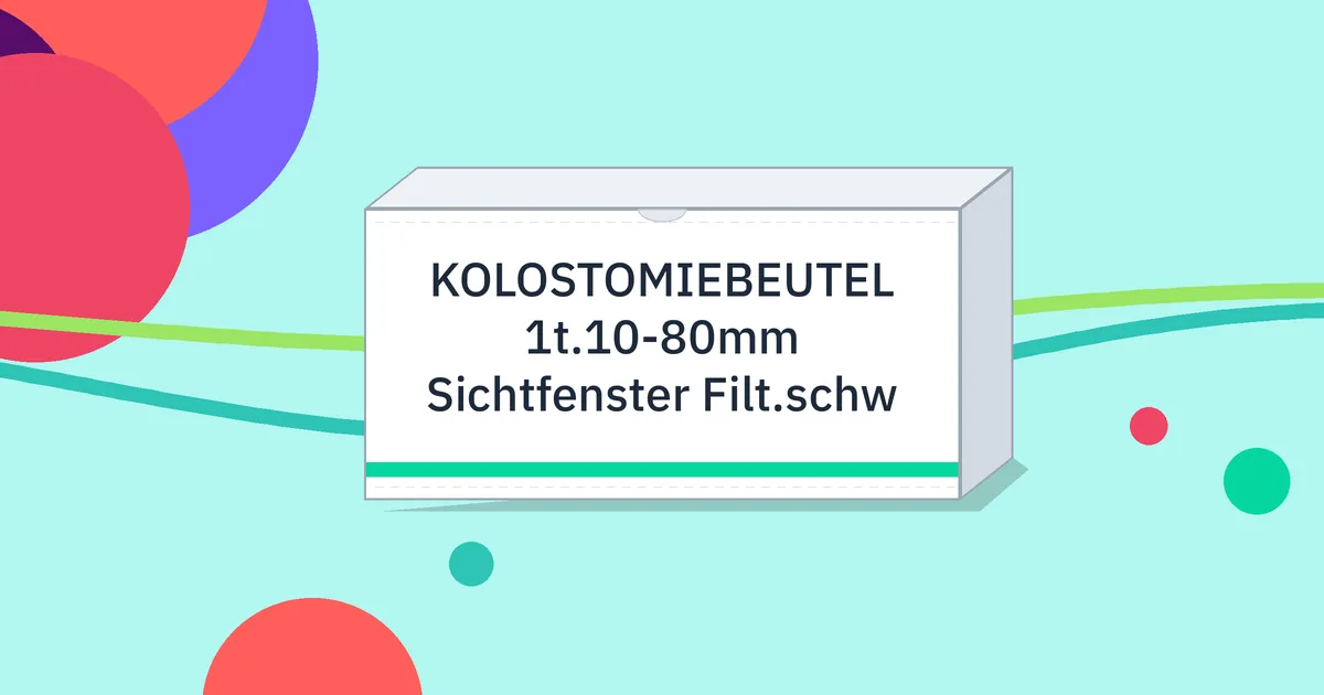 Symbolbild: Packung mit der Aufschrift KOLOSTOMIEBEUTEL 1t.10-80mm Sichtfenster Filt.schw (PZN 19296865) – Verfügbarkeit und Bezug in Apotheken in Frankfurt am Main