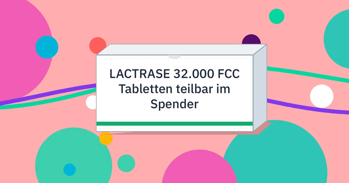 Symbolbild: Packung mit der Aufschrift LACTRASE 32.000 FCC Tabletten teilbar im Spender (PZN 18707817) – Verfügbarkeit und Bezug in Apotheken in Frankfurt am Main