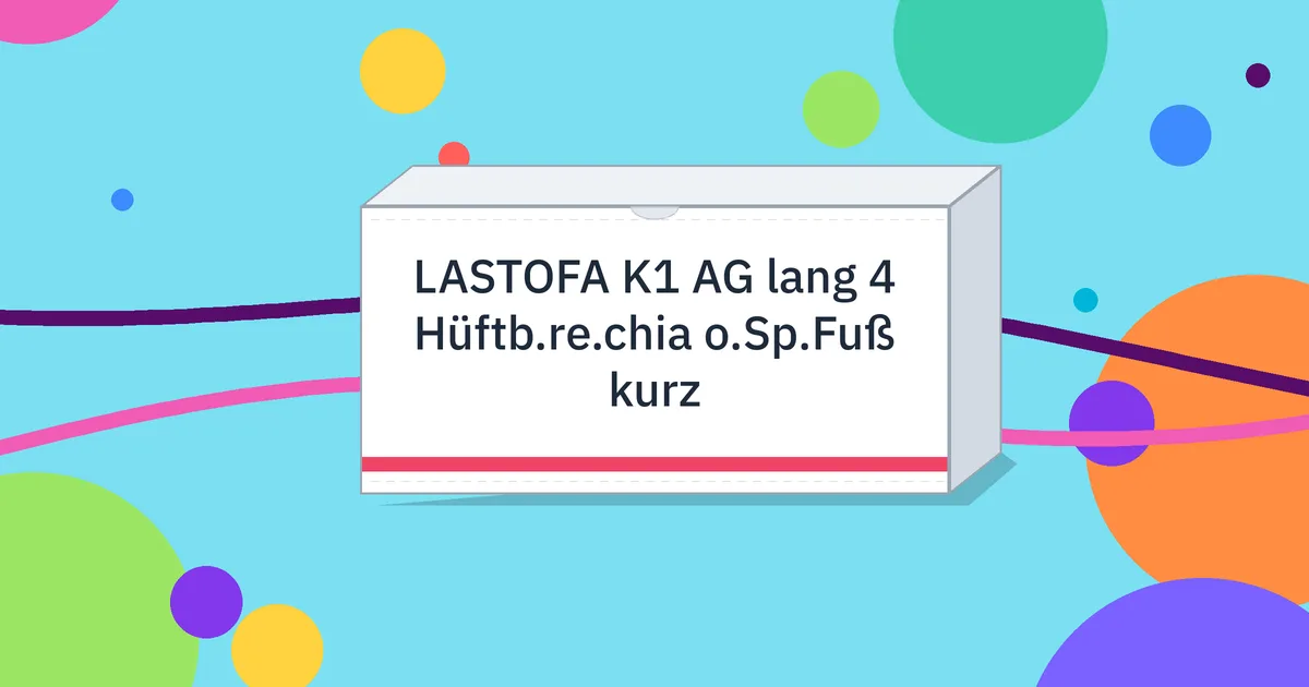 Symbolbild: Packung mit der Aufschrift LASTOFA K1 AG lang 4 Hüftb.re.chia o.Sp.Fuß kurz (PZN 13798293) – Verfügbarkeit und Bezug in Apotheken in Frankfurt am Main
