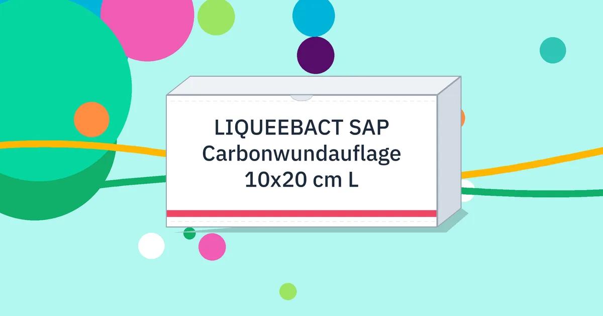 Symbolbild: Packung mit der Aufschrift LIQUEEBACT SAP Carbonwundauflage 10x20 cm L (PZN 18791545) – Verfügbarkeit und Bezug in Apotheken in Frankfurt am Main
