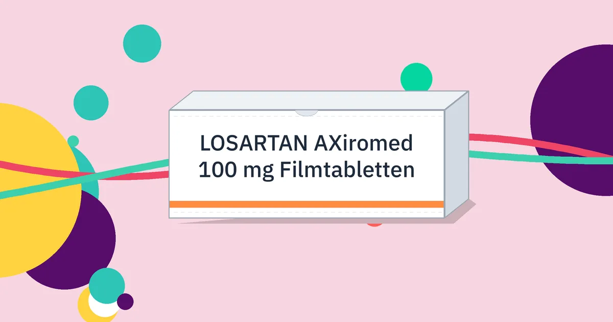Symbolbild: Packung mit der Aufschrift LOSARTAN AXiromed 100 mg Filmtabletten (PZN 13817464) – Verfügbarkeit und Bezug in Apotheken in Frankfurt am Main