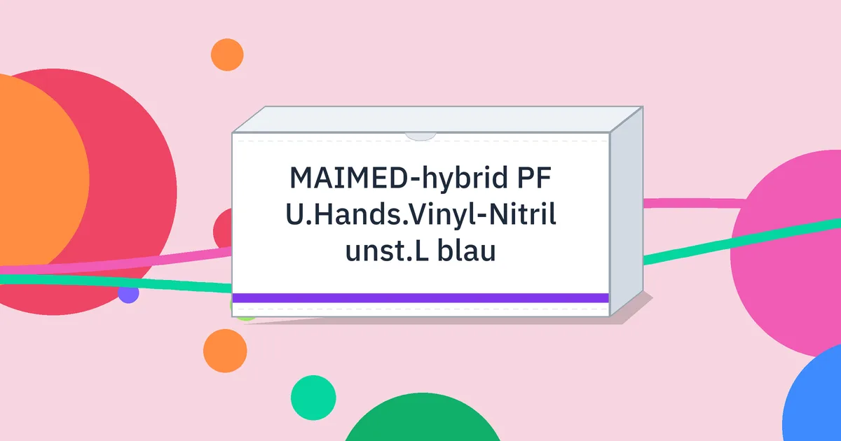 Symbolbild: Packung mit der Aufschrift MAIMED-hybrid PF U.Hands.Vinyl-Nitril unst.L blau (PZN 16932094) – Verfügbarkeit und Bezug in Apotheken in Frankfurt am Main