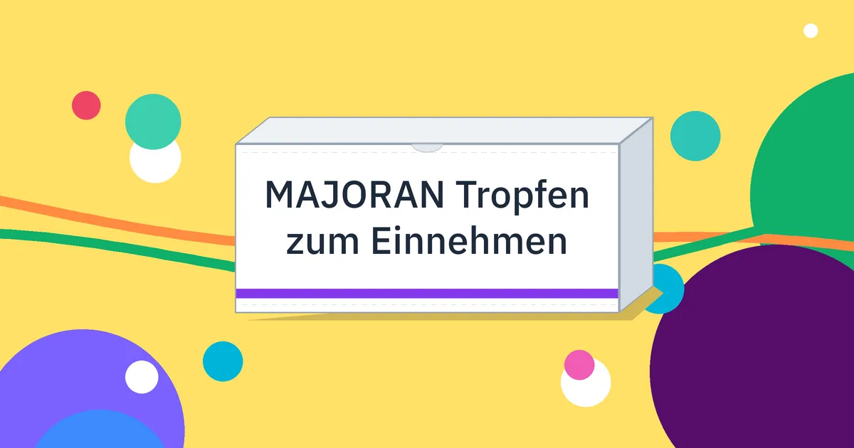 Symbolbild: Packung mit der Aufschrift MAJORAN Tropfen zum Einnehmen (PZN 11366721) – Verfügbarkeit und Bezug in Apotheken in Frankfurt am Main