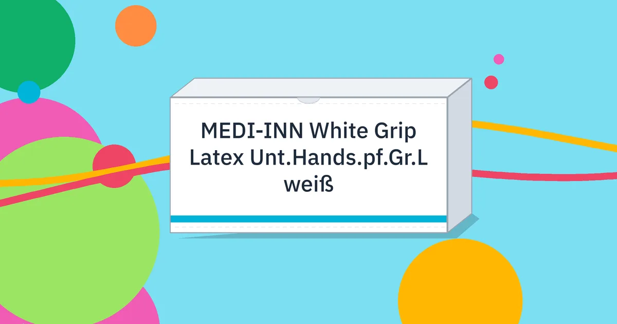 Symbolbild: Packung mit der Aufschrift MEDI-INN White Grip Latex Unt.Hands.pf.Gr.L weiß (PZN 04762959) – Verfügbarkeit und Bezug in Apotheken in Frankfurt am Main