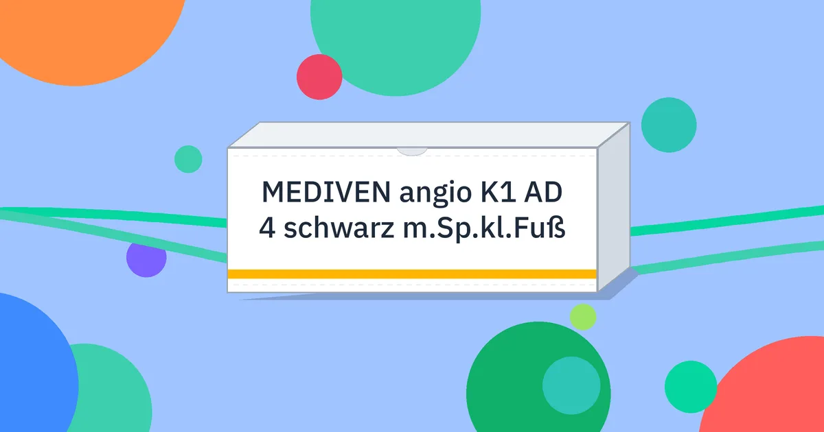 Symbolbild: Packung mit der Aufschrift MEDIVEN angio K1 AD 4 schwarz m.Sp.kl.Fuß (PZN 17210121) – Verfügbarkeit und Bezug in Apotheken in Frankfurt am Main
