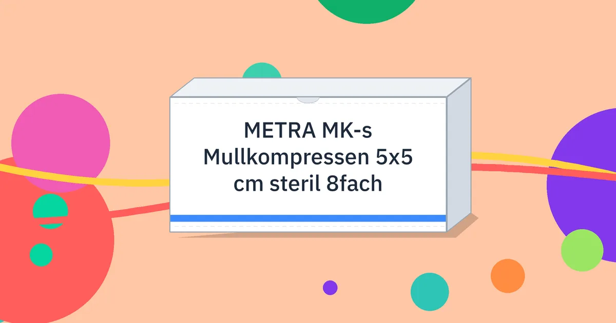 Symbolbild: Packung mit der Aufschrift METRA MK-s Mullkompressen 5x5 cm steril 8fach (PZN 07771373) – Verfügbarkeit und Bezug in Apotheken in Frankfurt am Main