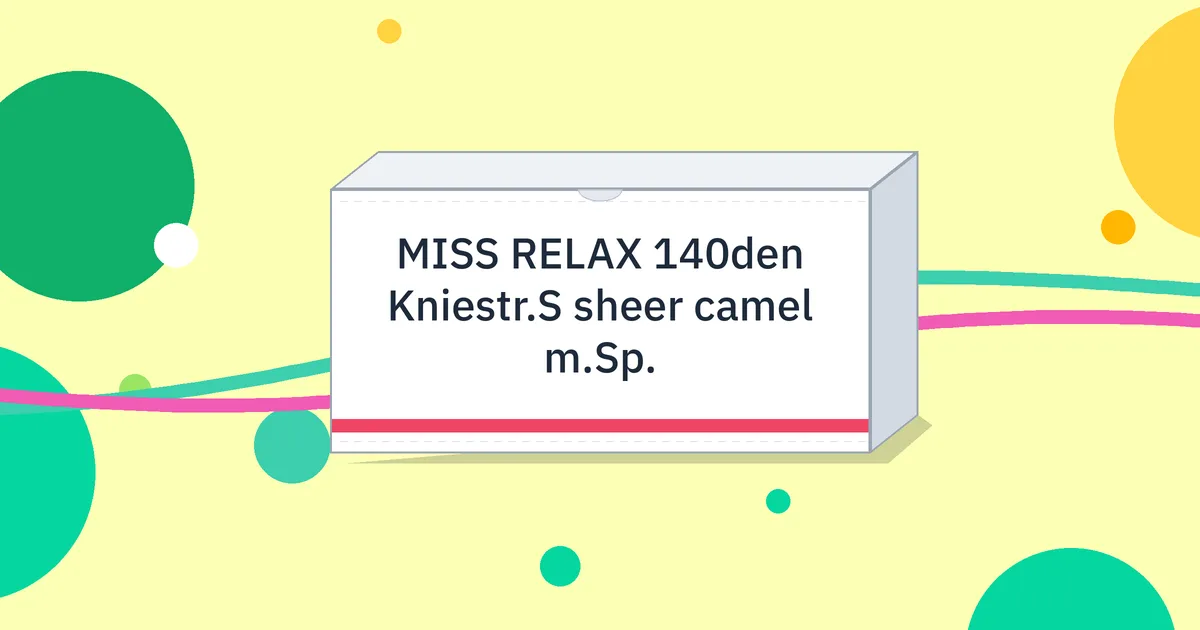 Symbolbild: Packung mit der Aufschrift MISS RELAX 140den Kniestr.S sheer camel m.Sp. (PZN 16189548) – Verfügbarkeit und Bezug in Apotheken in Frankfurt am Main