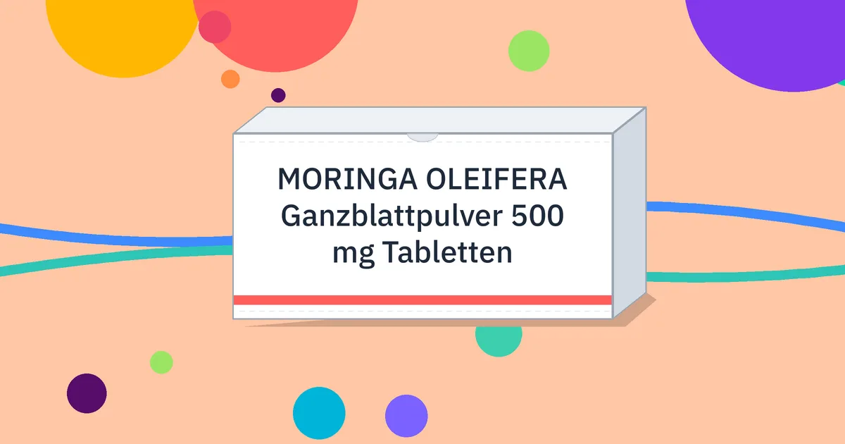 Symbolbild: Packung mit der Aufschrift MORINGA OLEIFERA Ganzblattpulver 500 mg Tabletten (PZN 10009344) – Verfügbarkeit und Bezug in Apotheken in Frankfurt am Main