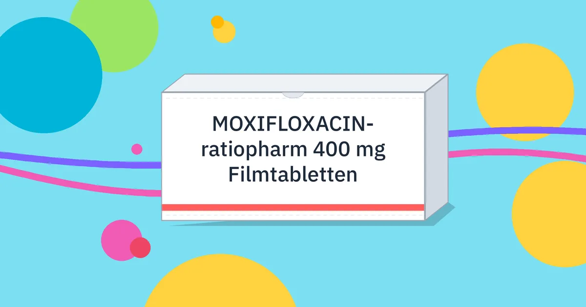Symbolbild: Packung mit der Aufschrift MOXIFLOXACIN-ratiopharm 400 mg Filmtabletten (PZN 08738679) – Verfügbarkeit und Bezug in Apotheken in Frankfurt am Main
