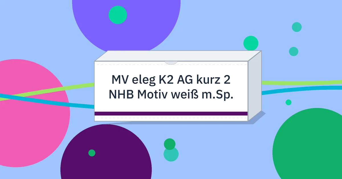 Symbolbild: Packung mit der Aufschrift MV eleg K2 AG kurz 2 NHB Motiv weiß m.Sp. (PZN 15709193) – Verfügbarkeit und Bezug in Apotheken in Frankfurt am Main