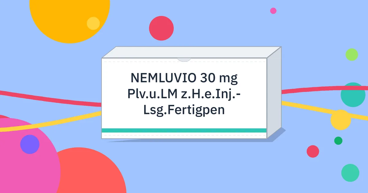 Symbolbild: Packung mit der Aufschrift NEMLUVIO 30 mg Plv.u.LM z.H.e.Inj.-Lsg.Fertigpen (PZN 19660182) – Verfügbarkeit und Bezug in Apotheken in Frankfurt am Main