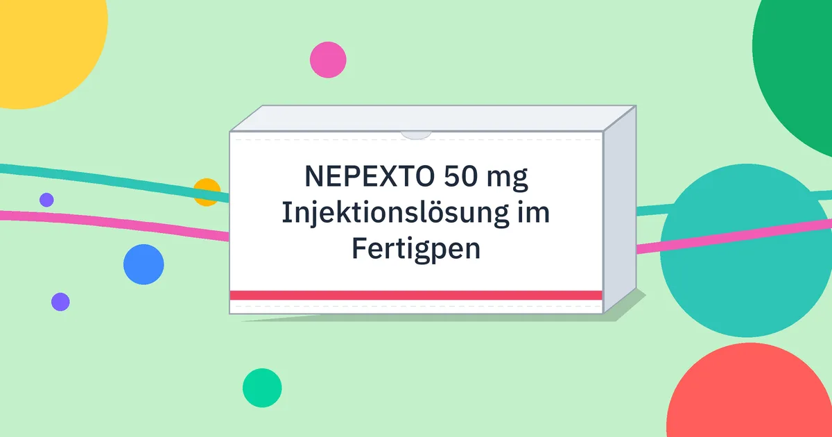 Symbolbild: Packung mit der Aufschrift NEPEXTO 50 mg Injektionslösung im Fertigpen (PZN 17483014) – Verfügbarkeit und Bezug in Apotheken in Frankfurt am Main
