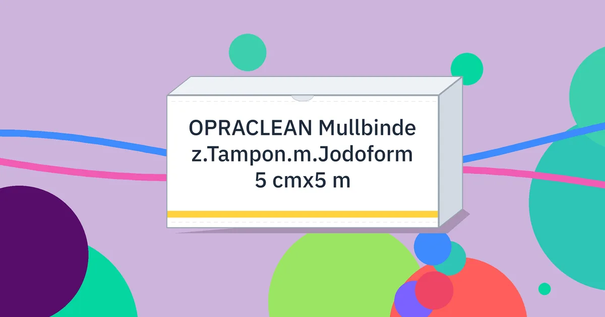 Symbolbild: Packung mit der Aufschrift OPRACLEAN Mullbinde z.Tampon.m.Jodoform 5 cmx5 m (PZN 02242055) – Verfügbarkeit und Bezug in Apotheken in Frankfurt am Main
