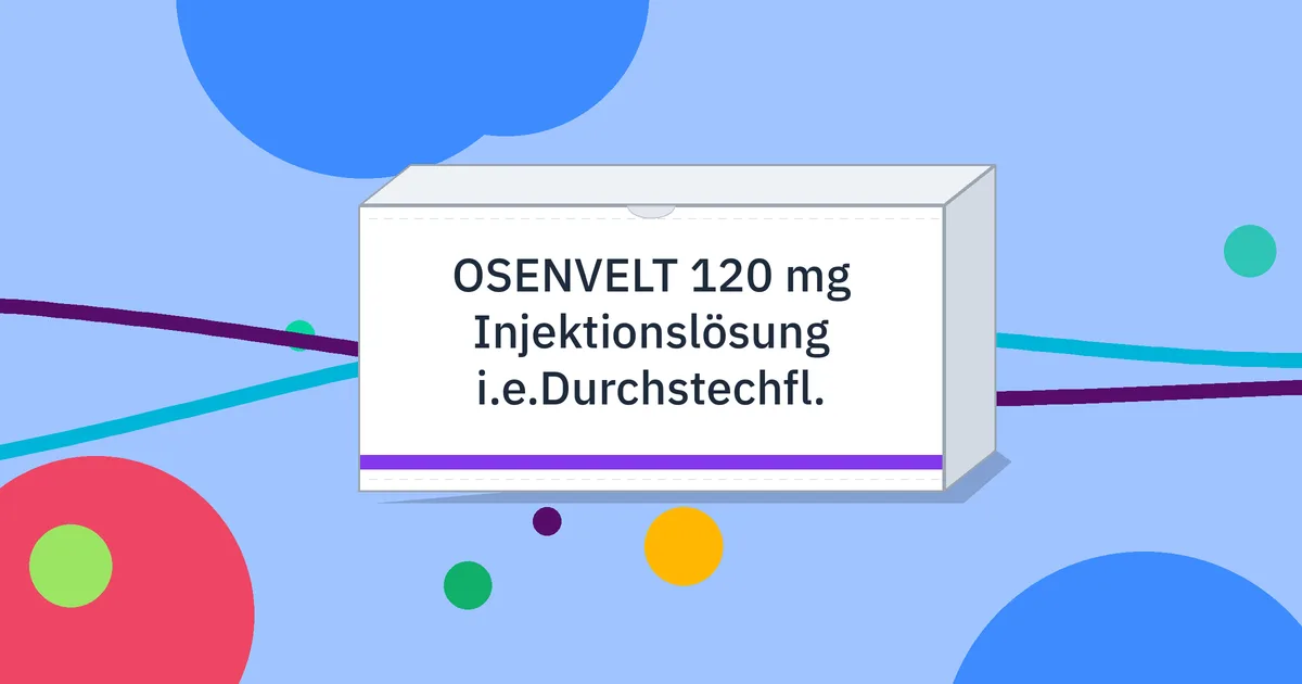 Symbolbild: Packung mit der Aufschrift OSENVELT 120 mg Injektionslösung i.e.Durchstechfl. (PZN 19499367) – Verfügbarkeit und Bezug in Apotheken in Frankfurt am Main