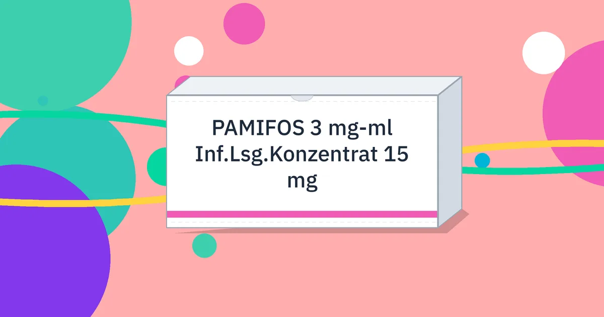 Symbolbild: Packung mit der Aufschrift PAMIFOS 3 mg-ml Inf.Lsg.Konzentrat 15 mg (PZN 03161927) – Verfügbarkeit und Bezug in Apotheken in Frankfurt am Main