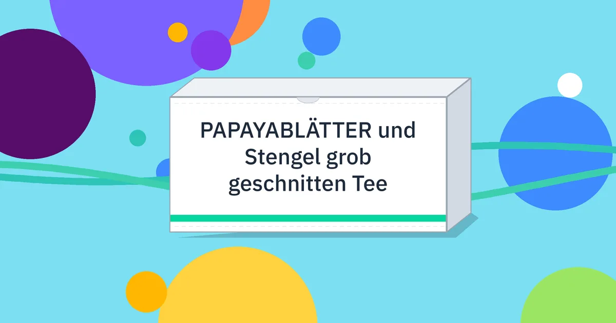Symbolbild: Packung mit der Aufschrift PAPAYABLÄTTER und Stengel grob geschnitten Tee (PZN 18911104) – Verfügbarkeit und Bezug in Apotheken in Frankfurt am Main