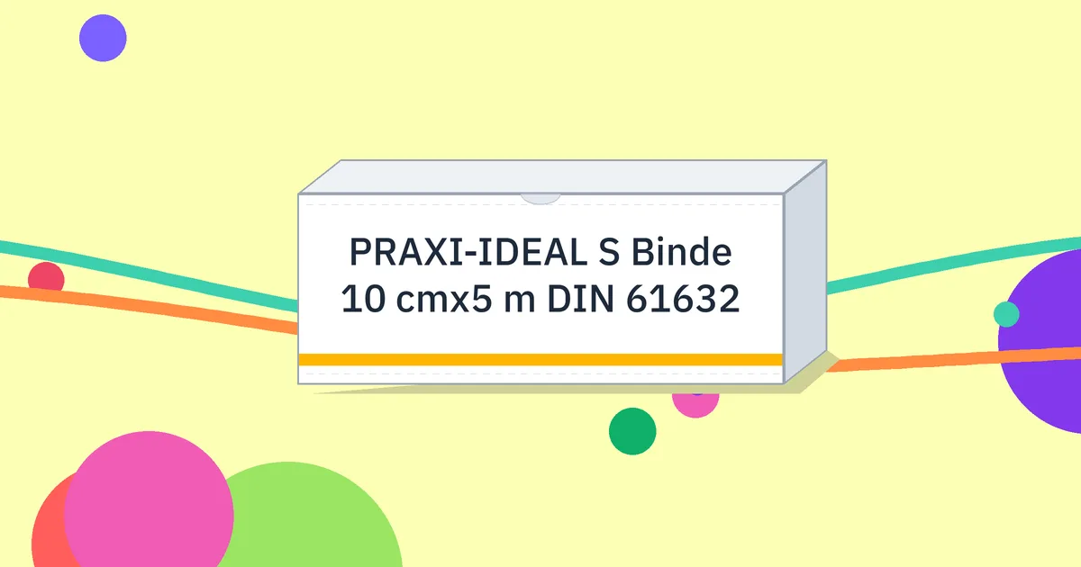 Symbolbild: Packung mit der Aufschrift PRAXI-IDEAL S Binde 10 cmx5 m DIN 61632 (PZN 12826716) – Verfügbarkeit und Bezug in Apotheken in Frankfurt am Main
