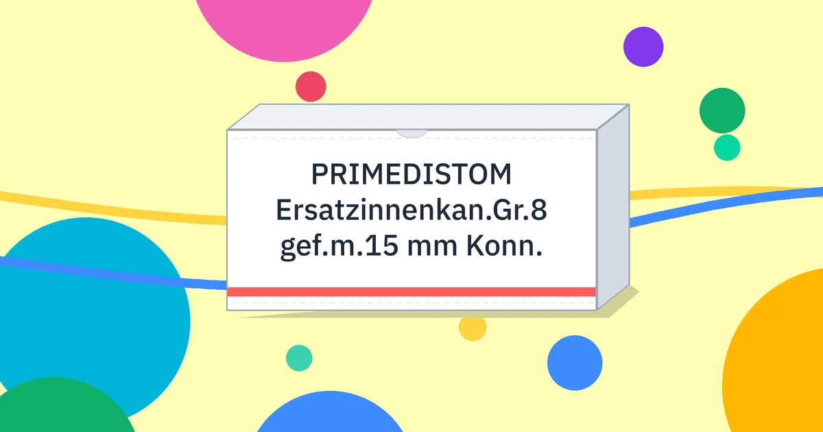 Symbolbild: Packung mit der Aufschrift PRIMEDISTOM Ersatzinnenkan.Gr.8 gef.m.15 mm Konn. (PZN 10257639) – Verfügbarkeit und Bezug in Apotheken in Frankfurt am Main