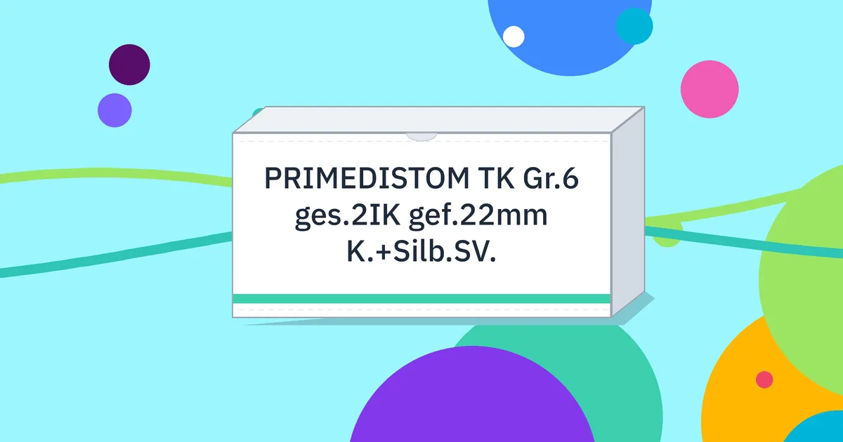 Symbolbild: Packung mit der Aufschrift PRIMEDISTOM TK Gr.6 ges.2IK gef.22mm K.+Silb.SV. (PZN 10980287) – Verfügbarkeit und Bezug in Apotheken in Frankfurt am Main