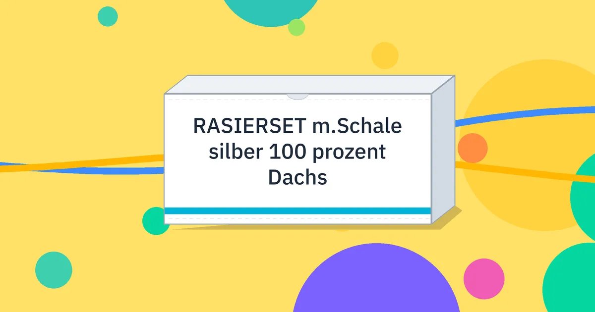 Symbolbild: Packung mit der Aufschrift RASIERSET m.Schale silber 100 prozent Dachs (PZN 17245763) – Verfügbarkeit und Bezug in Apotheken in Frankfurt am Main