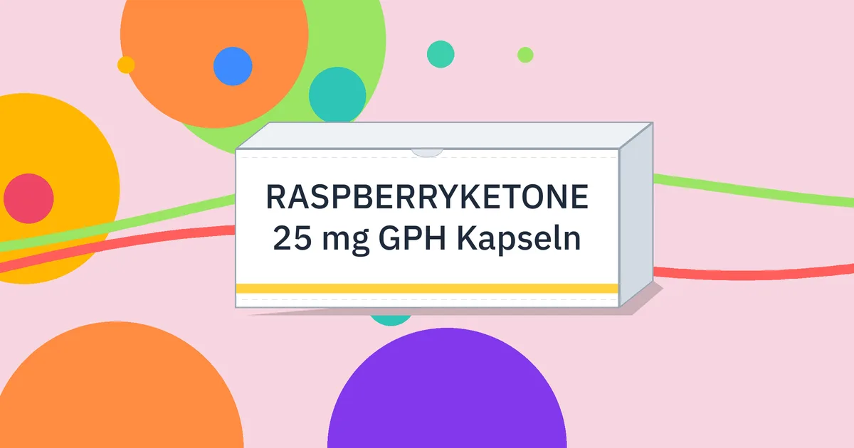 Symbolbild: Packung mit der Aufschrift RASPBERRYKETONE 25 mg GPH Kapseln (PZN 10977581) – Verfügbarkeit und Bezug in Apotheken in Frankfurt am Main
