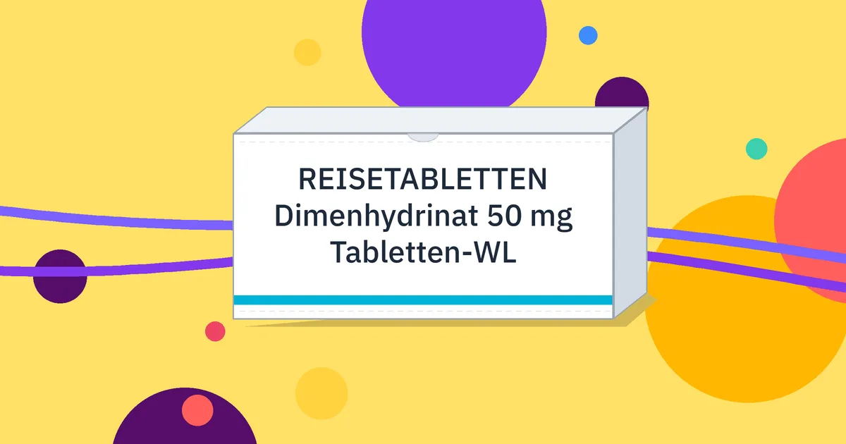 Symbolbild: Packung mit der Aufschrift REISETABLETTEN Dimenhydrinat 50 mg Tabletten-WL (PZN 13816453) – Verfügbarkeit und Bezug in Apotheken in Frankfurt am Main
