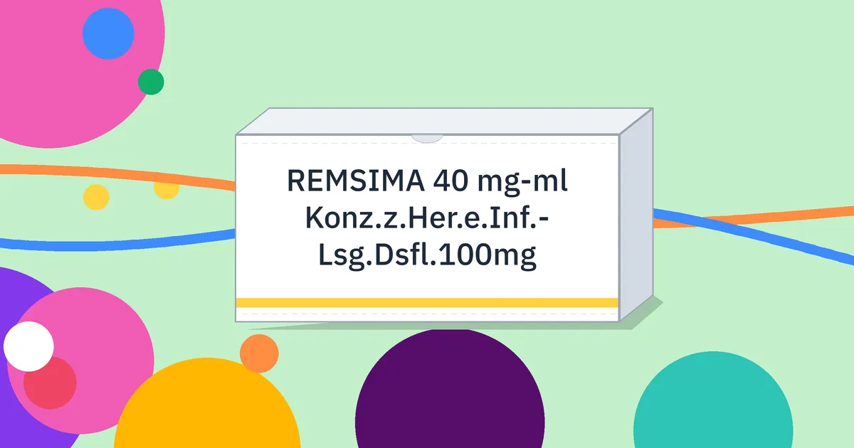 Symbolbild: Packung mit der Aufschrift REMSIMA 40 mg-ml Konz.z.Her.e.Inf.-Lsg.Dsfl.100mg (PZN 20059455) – Verfügbarkeit und Bezug in Apotheken in Frankfurt am Main