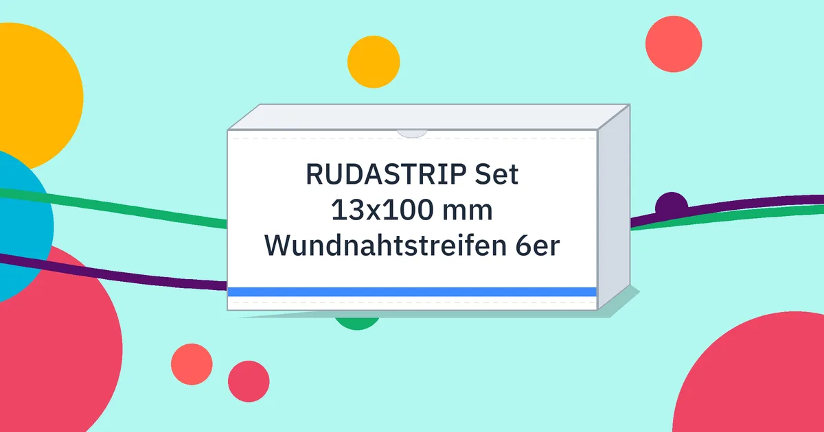 Symbolbild: Packung mit der Aufschrift RUDASTRIP Set 13x100 mm Wundnahtstreifen 6er (PZN 03240957) – Verfügbarkeit und Bezug in Apotheken in Frankfurt am Main