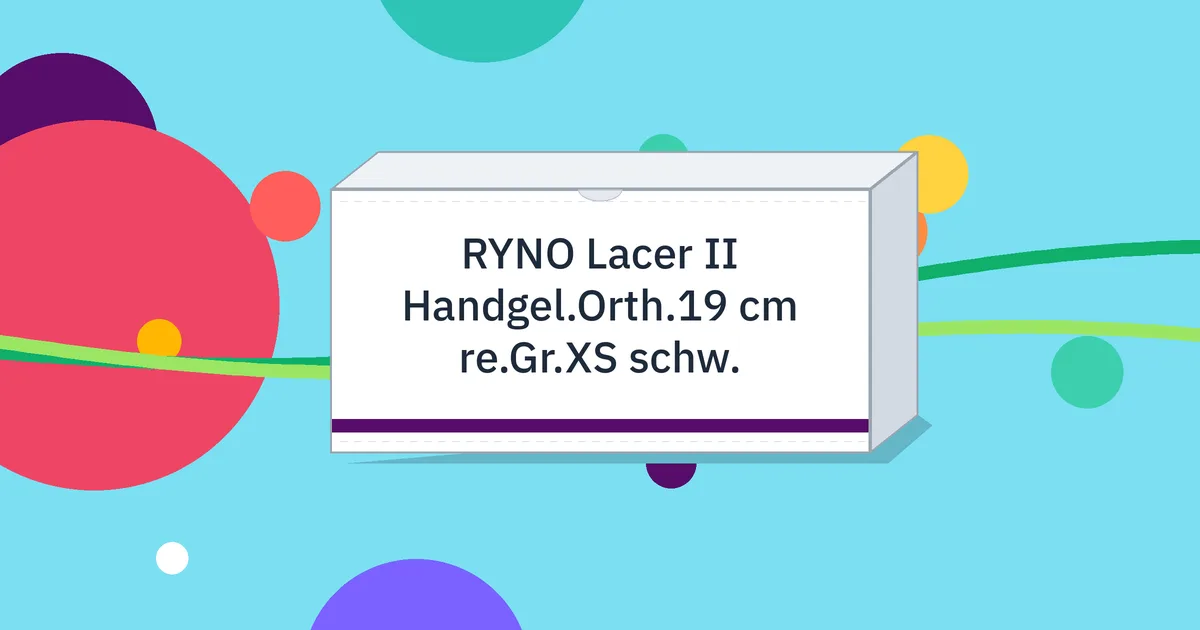Symbolbild: Packung mit der Aufschrift RYNO Lacer II Handgel.Orth.19 cm re.Gr.XS schw. (PZN 14048542) – Verfügbarkeit und Bezug in Apotheken in Frankfurt am Main