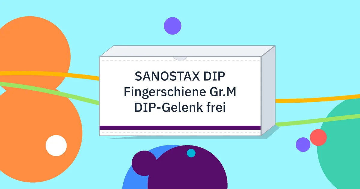 Symbolbild: Packung mit der Aufschrift SANOSTAX DIP Fingerschiene Gr.M DIP-Gelenk frei (PZN 12776303) – Verfügbarkeit und Bezug in Apotheken in Frankfurt am Main