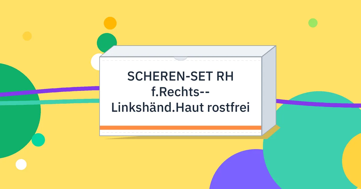Symbolbild: Packung mit der Aufschrift SCHEREN-SET RH f.Rechts--Linkshänd.Haut rostfrei (PZN 19073846) – Verfügbarkeit und Bezug in Apotheken in Frankfurt am Main
