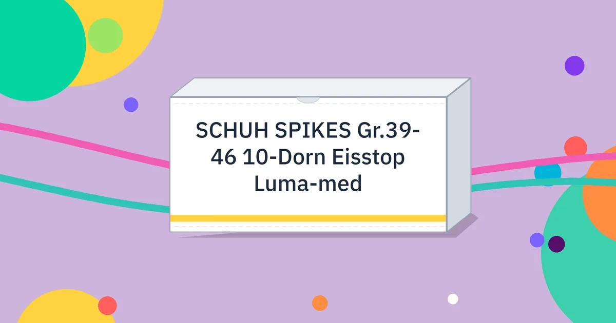 Symbolbild: Packung mit der Aufschrift SCHUH SPIKES Gr.39-46 10-Dorn Eisstop Luma-med (PZN 09609228) – Verfügbarkeit und Bezug in Apotheken in Frankfurt am Main