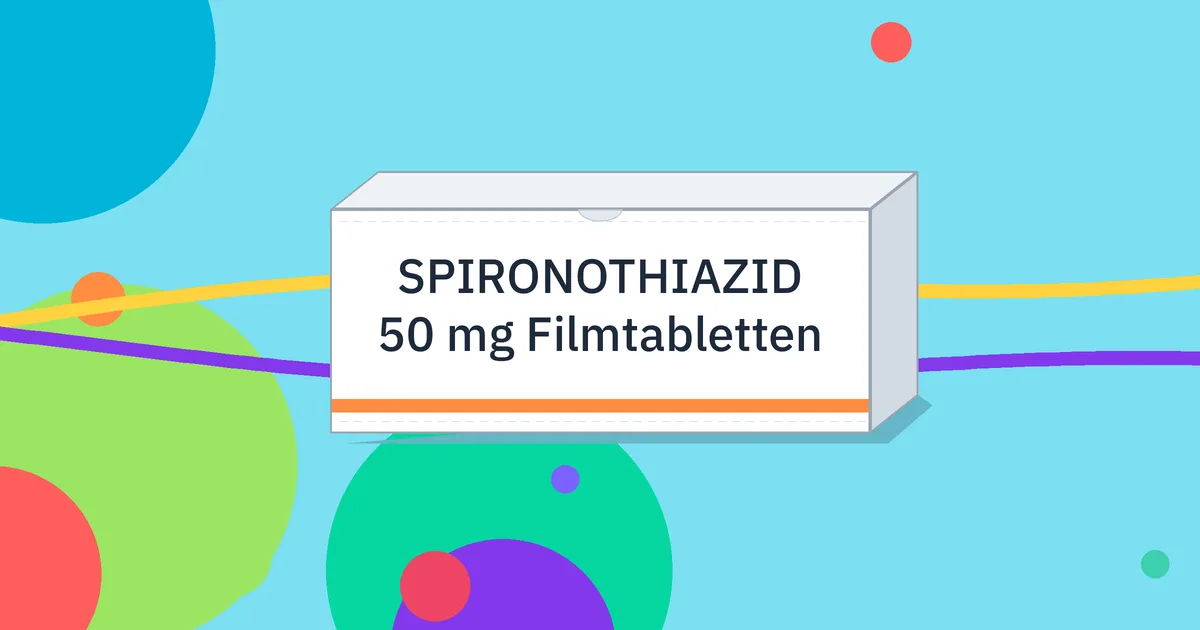 Symbolbild: Packung mit der Aufschrift SPIRONOTHIAZID 50 mg Filmtabletten (PZN 02340527) – Verfügbarkeit und Bezug in Apotheken in Frankfurt am Main