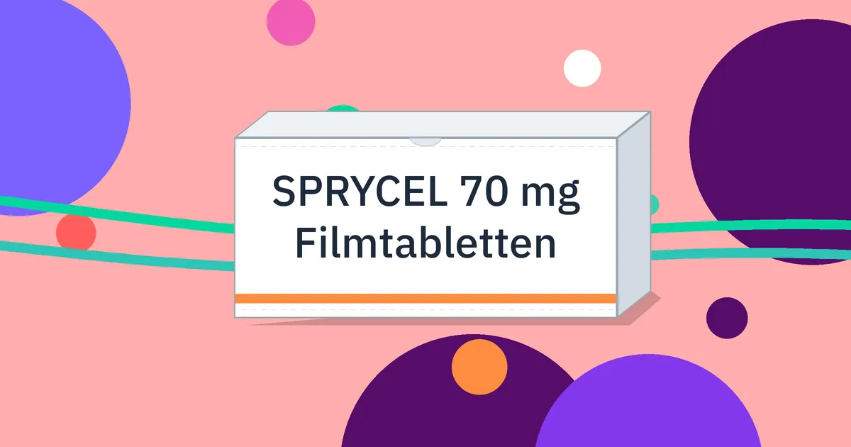 Symbolbild: Packung mit der Aufschrift SPRYCEL 70 mg Filmtabletten (PZN 12602589) – Verfügbarkeit und Bezug in Apotheken in Frankfurt am Main