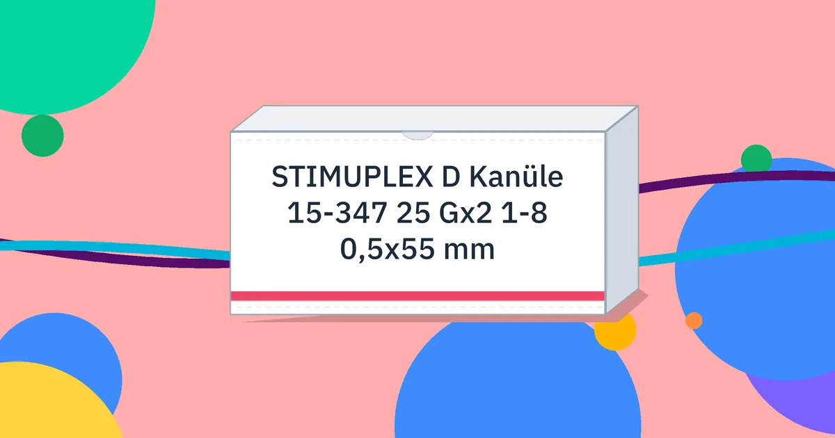 Symbolbild: Packung mit der Aufschrift STIMUPLEX D Kanüle 15-347 25 Gx2 1-8 0,5x55 mm (PZN 14138311) – Verfügbarkeit und Bezug in Apotheken in Frankfurt am Main