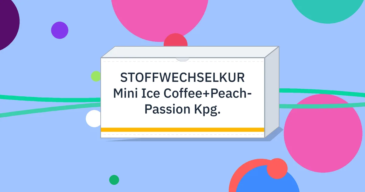 Symbolbild: Packung mit der Aufschrift STOFFWECHSELKUR Mini Ice Coffee+Peach-Passion Kpg. (PZN 14044805) – Verfügbarkeit und Bezug in Apotheken in Frankfurt am Main