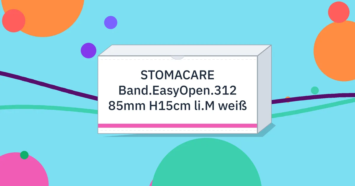 Symbolbild: Packung mit der Aufschrift STOMACARE Band.EasyOpen.312 85mm H15cm li.M weiß (PZN 09437690) – Verfügbarkeit und Bezug in Apotheken in Frankfurt am Main