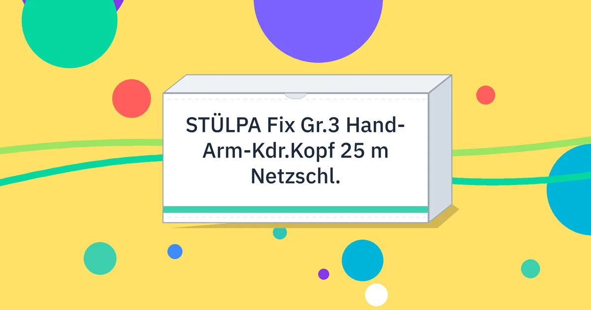 Symbolbild: Packung mit der Aufschrift STÜLPA Fix Gr.3 Hand-Arm-Kdr.Kopf 25 m Netzschl. (PZN 04720978) – Verfügbarkeit und Bezug in Apotheken in Frankfurt am Main