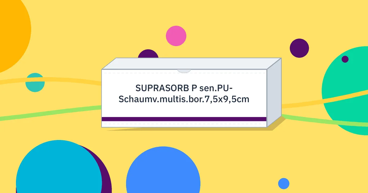 Symbolbild: Packung mit der Aufschrift SUPRASORB P sen.PU-Schaumv.multis.bor.7,5x9,5cm (PZN 20398447) – Verfügbarkeit und Bezug in Apotheken in Frankfurt am Main