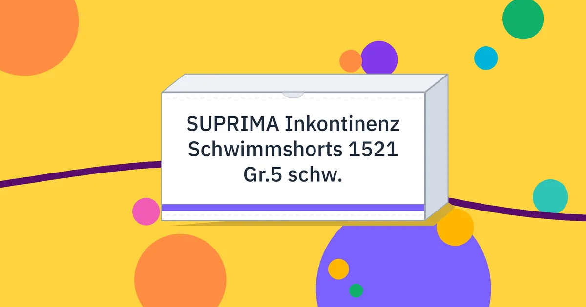 Symbolbild: Packung mit der Aufschrift SUPRIMA Inkontinenz Schwimmshorts 1521 Gr.5 schw. (PZN 04376297) – Verfügbarkeit und Bezug in Apotheken in Frankfurt am Main