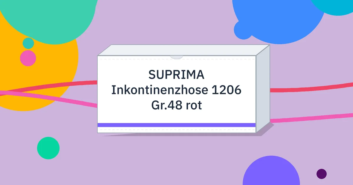 Symbolbild: Packung mit der Aufschrift SUPRIMA Inkontinenzhose 1206 Gr.48 rot (PZN 01513351) – Verfügbarkeit und Bezug in Apotheken in Frankfurt am Main