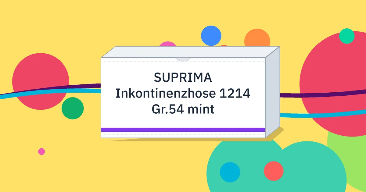 Symbolbild: Packung mit der Aufschrift SUPRIMA Inkontinenzhose 1214 Gr.54 mint (PZN 07633458) – Verfügbarkeit und Bezug in Apotheken in Frankfurt am Main
