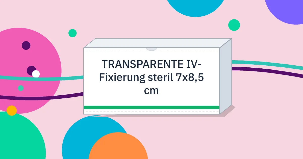 Symbolbild: Packung mit der Aufschrift TRANSPARENTE IV-Fixierung steril 7x8,5 cm (PZN 19529128) – Verfügbarkeit und Bezug in Apotheken in Frankfurt am Main