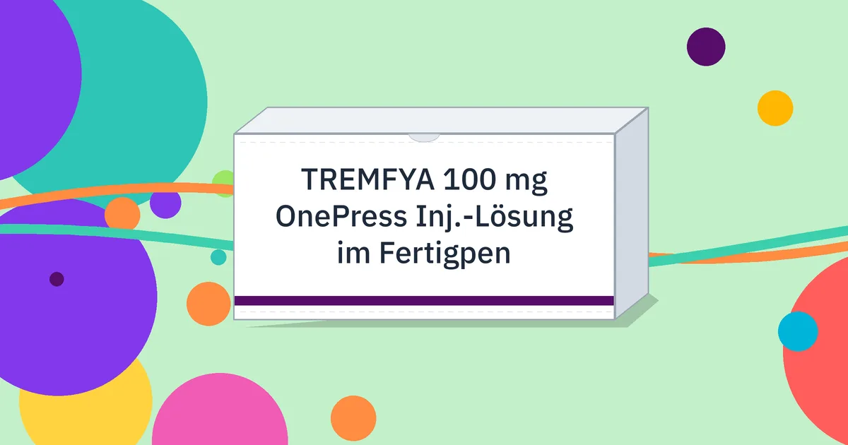 Symbolbild: Packung mit der Aufschrift TREMFYA 100 mg OnePress Inj.-Lösung im Fertigpen (PZN 20386361) – Verfügbarkeit und Bezug in Apotheken in Frankfurt am Main