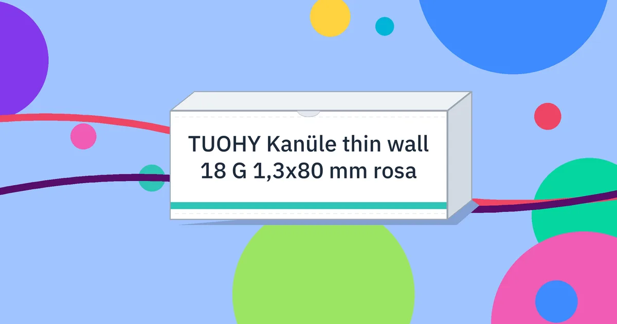 Symbolbild: Packung mit der Aufschrift TUOHY Kanüle thin wall 18 G 1,3x80 mm rosa (PZN 00874822) – Verfügbarkeit und Bezug in Apotheken in Frankfurt am Main
