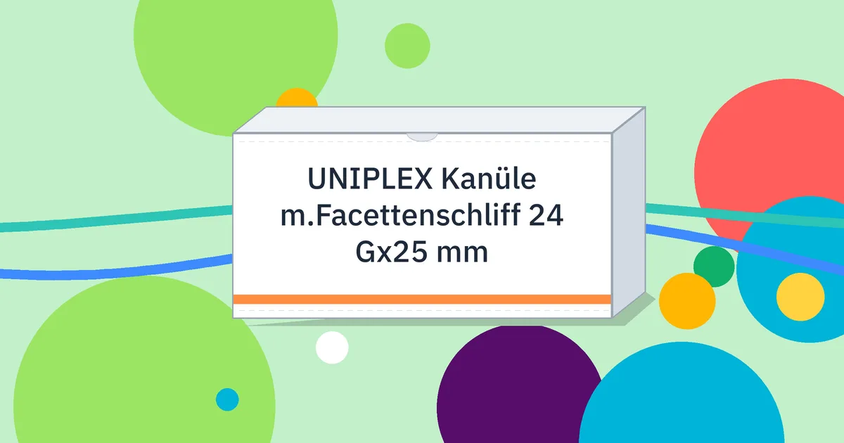 Symbolbild: Packung mit der Aufschrift UNIPLEX Kanüle m.Facettenschliff 24 Gx25 mm (PZN 03943966) – Verfügbarkeit und Bezug in Apotheken in Frankfurt am Main
