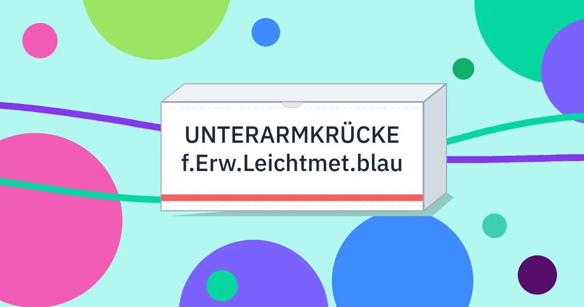 Symbolbild: Packung mit der Aufschrift UNTERARMKRÜCKE f.Erw.Leichtmet.blau (PZN 08514595) – Verfügbarkeit und Bezug in Apotheken in Frankfurt am Main