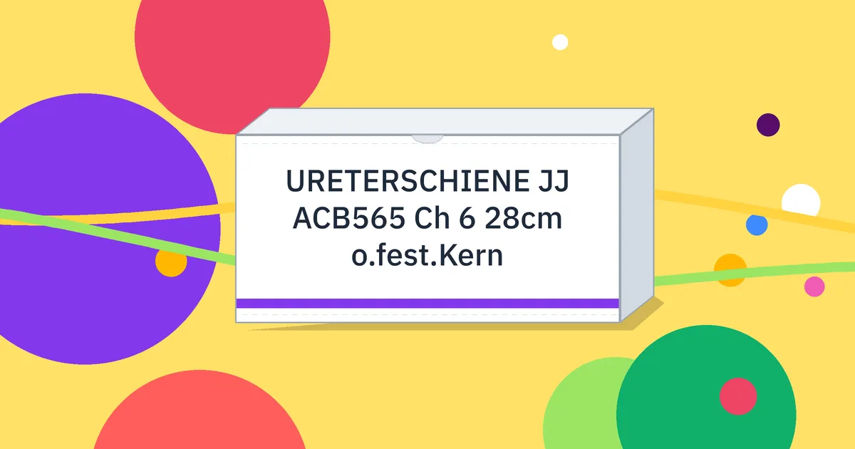 Symbolbild: Packung mit der Aufschrift URETERSCHIENE JJ ACB565 Ch 6 28cm o.fest.Kern (PZN 00543893) – Verfügbarkeit und Bezug in Apotheken in Frankfurt am Main